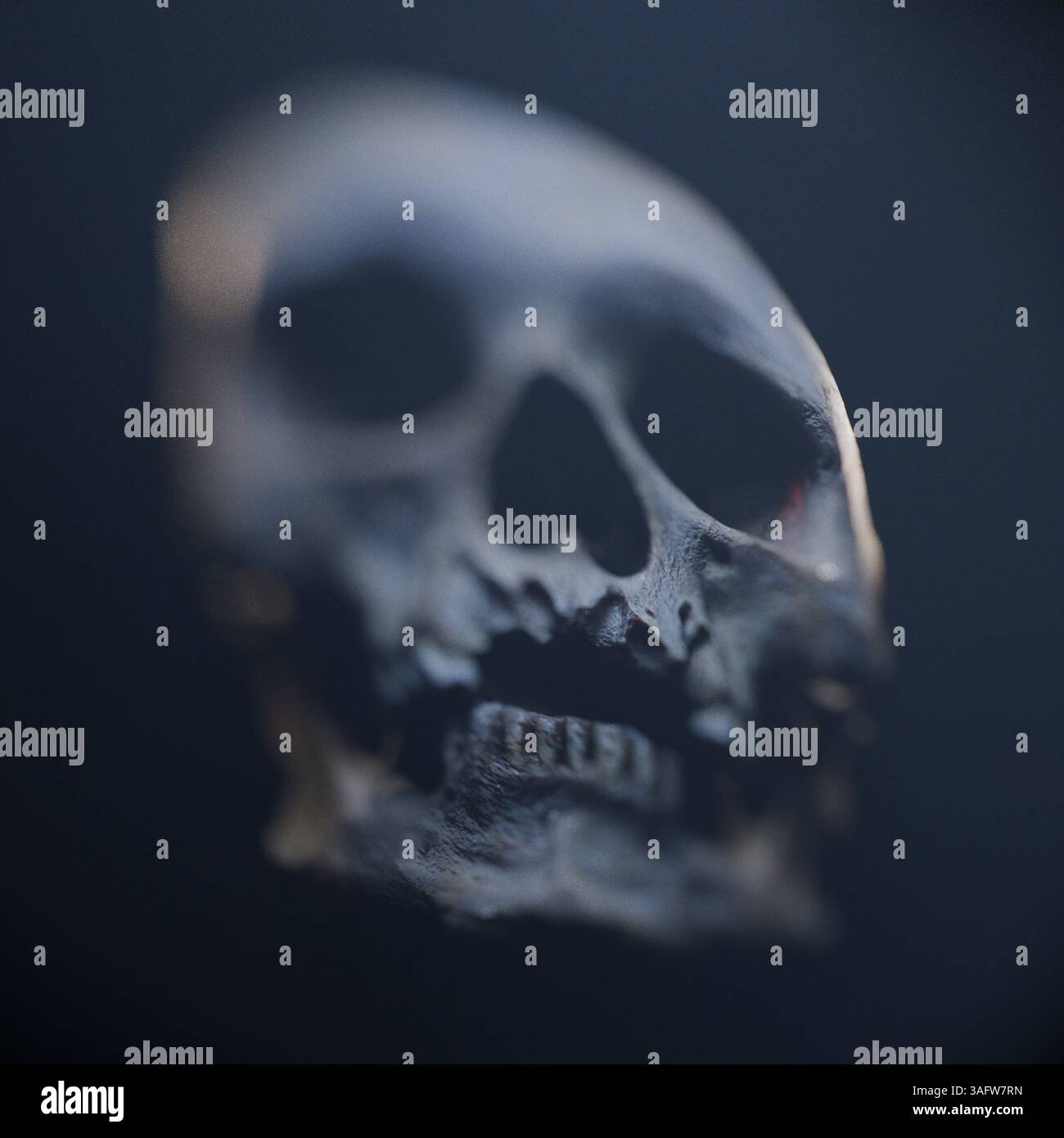 A close-up 3D render of a human skull with eerie distortion effects ...
