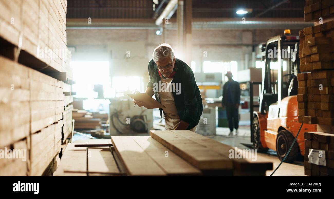 Carpenter, workshop and clipboard with wood inspection for quality ...