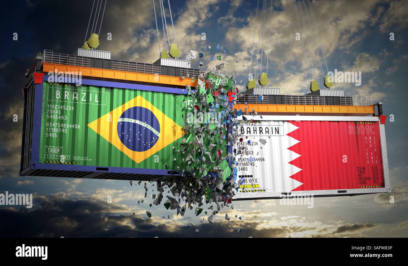 Cargo containers with flags of Brazil and Bahrain - 3D illustration ...
