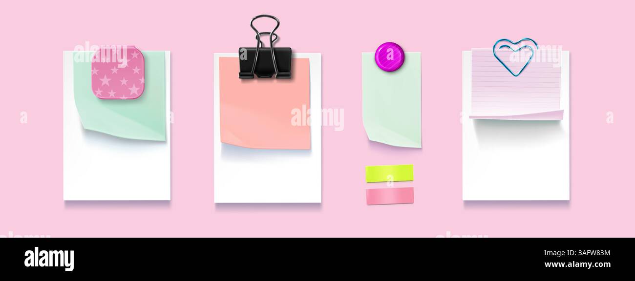 Color note papers set isolated on pink background. Vector realistic ...