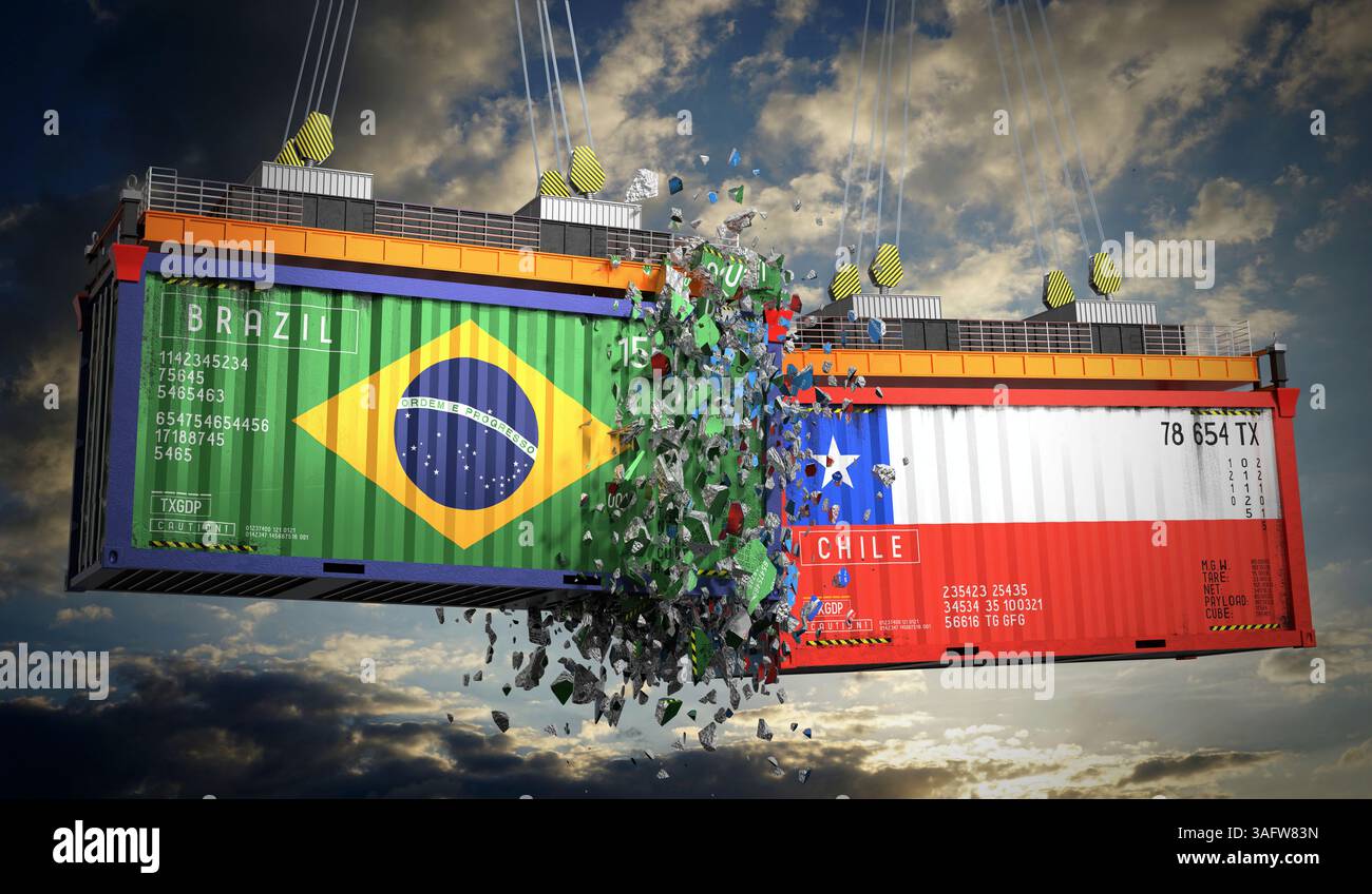 Cargo containers with flags of Brazil and Chile - 3D illustration Stock ...