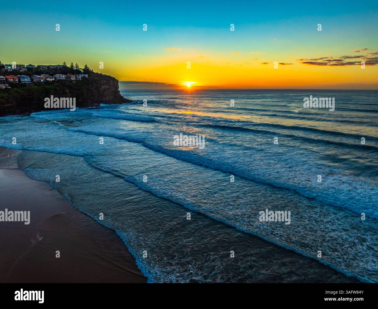 Aerial Sunrise Seascape with waves at Bilgola Beach on the Northern ...