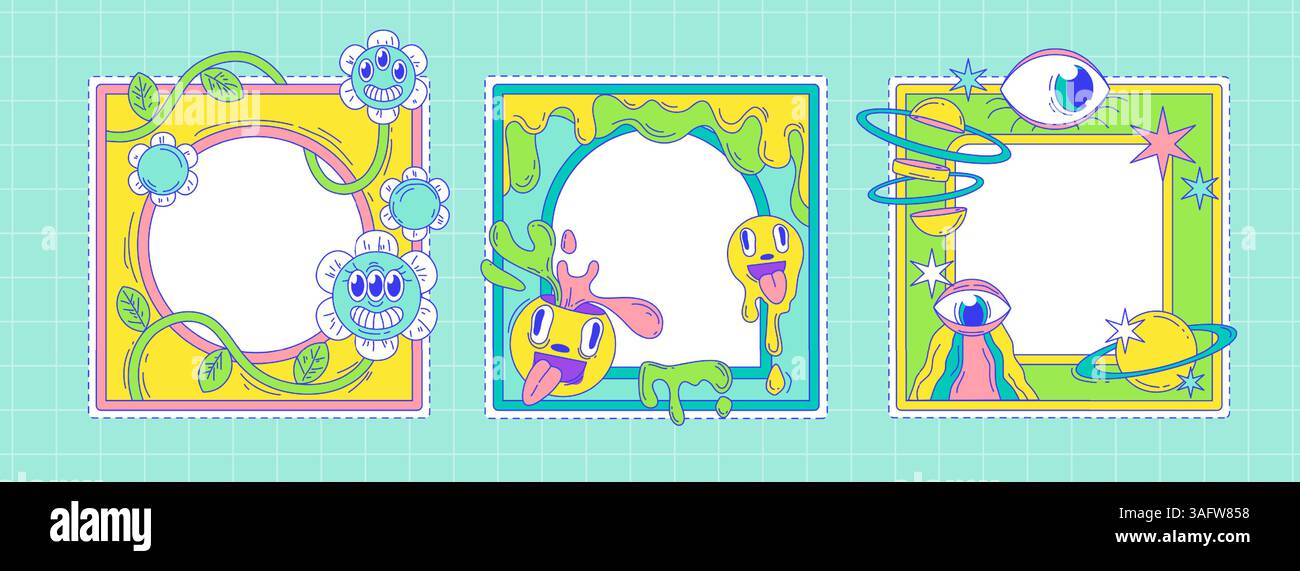 Psychedelic 70s frame set - colorful funky cartoon flower borders ...
