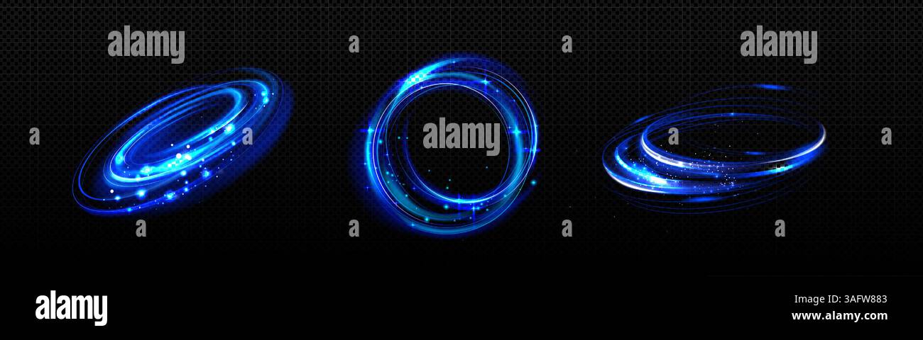 Blue glowing spiral vortex circles on dark background - shiny neon curves, light trails forming ...