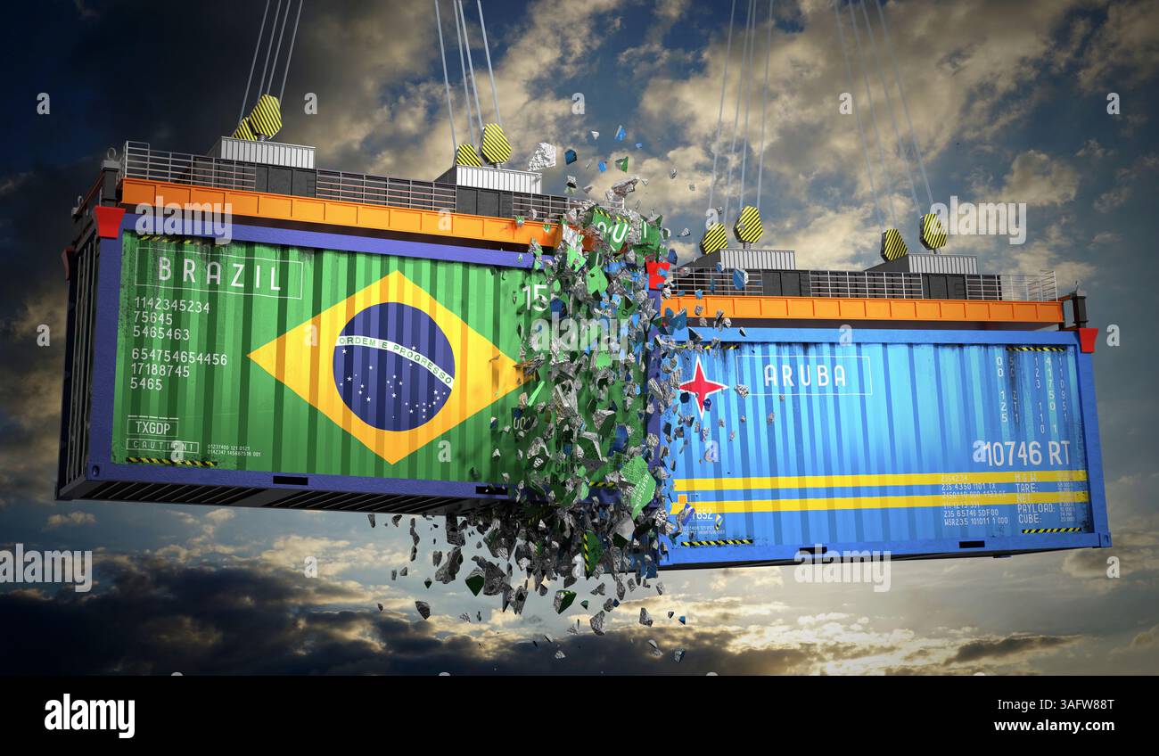 Cargo containers with flags of Brazil and Aruba - 3D illustration Stock ...