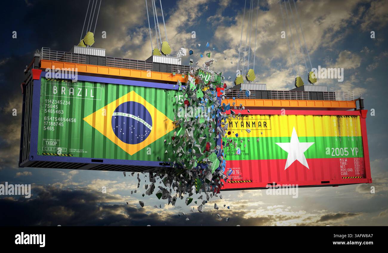 Cargo containers with flags of Brazil and Myanmar - 3D illustration ...