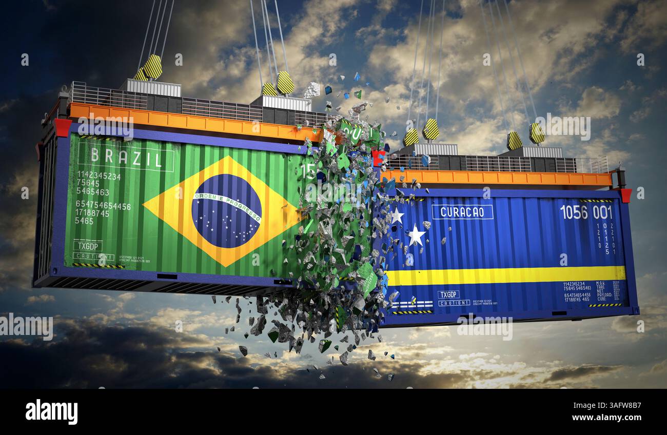 Cargo containers with flags of Brazil and Curacao - 3D illustration ...