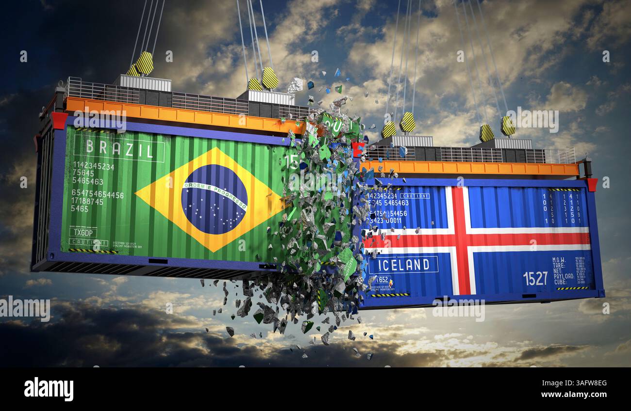 Cargo containers with flags of Brazil and Iceland - 3D illustration ...