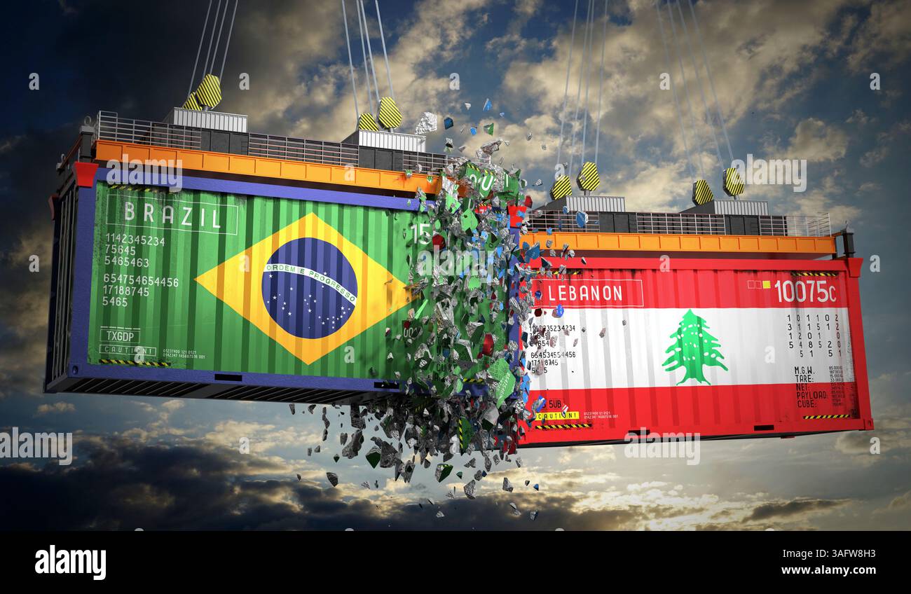 Cargo containers with flags of Brazil and Lebanon - 3D illustration ...