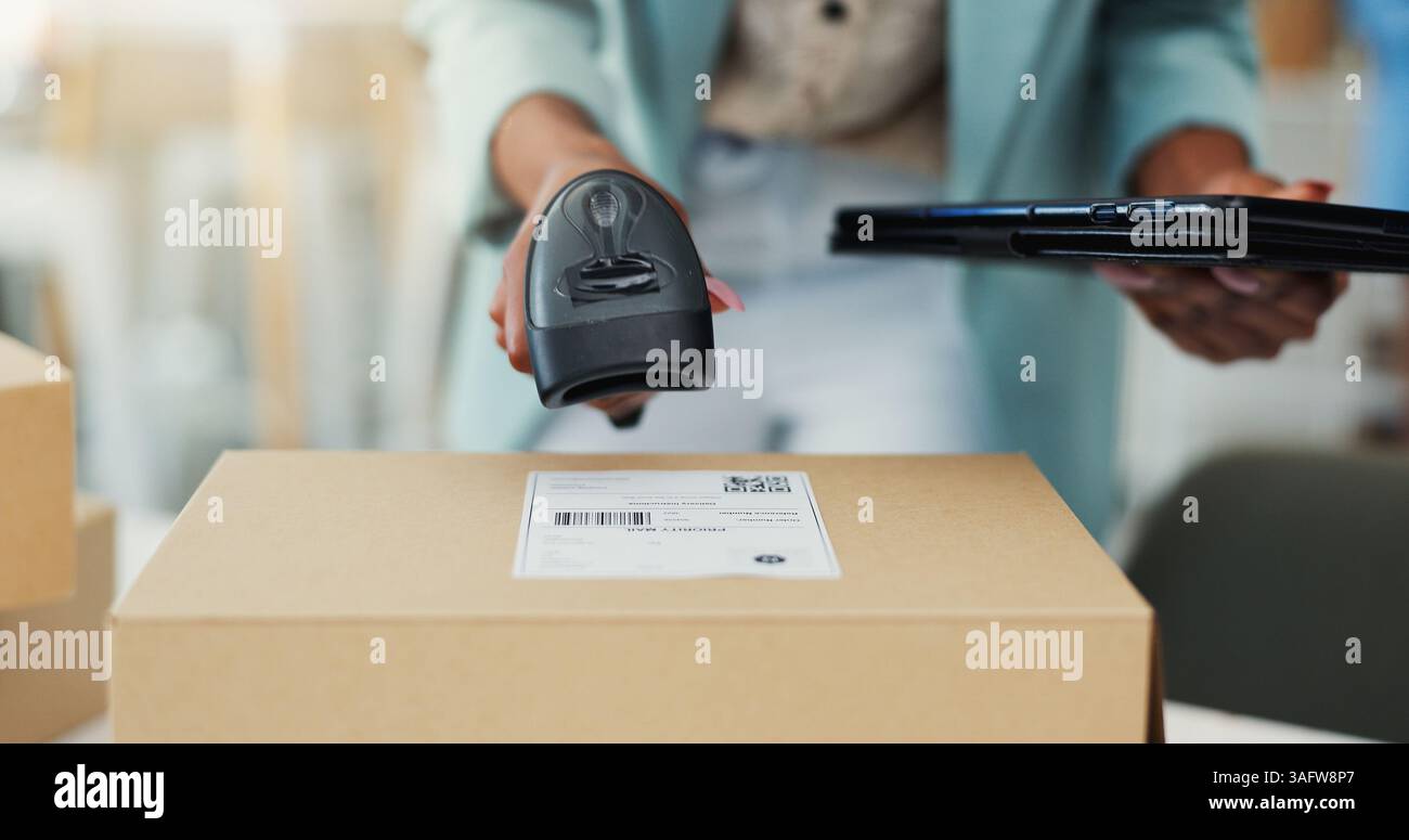 Scan, box and shipping with hands and tablet for delivery schedule ...