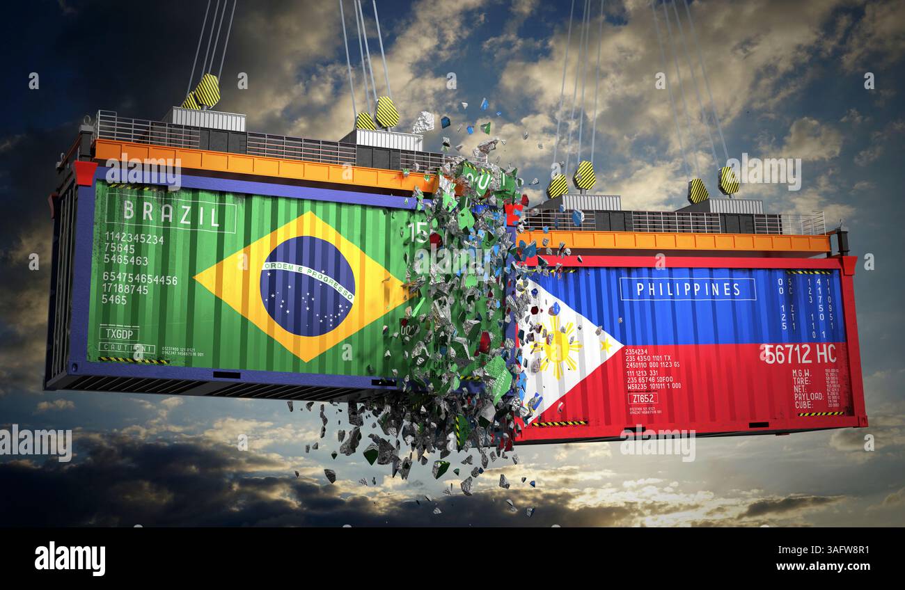 Cargo containers with flags of Brazil and Philippines - 3D illustration ...