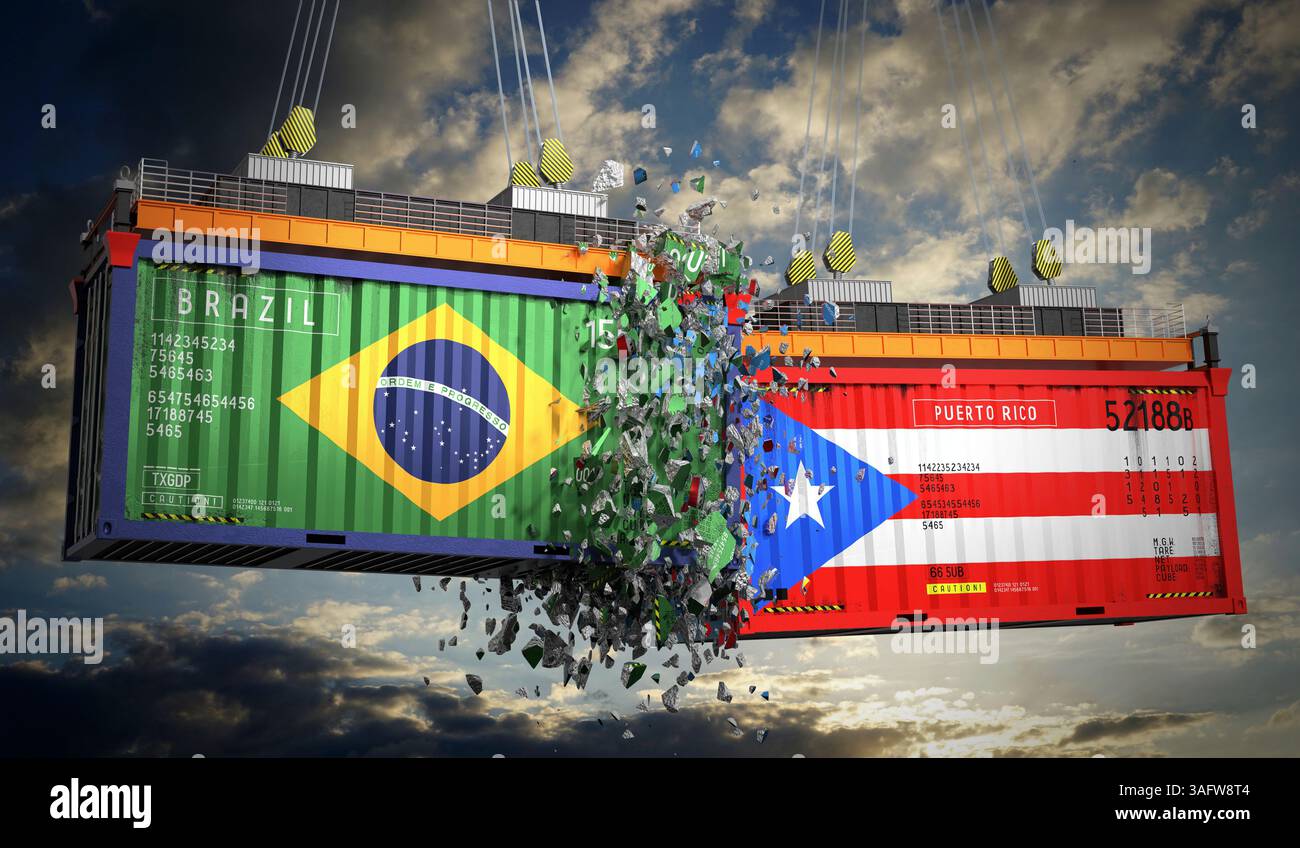 Cargo containers with flags of Brazil and Puerto Rico - 3D illustration ...