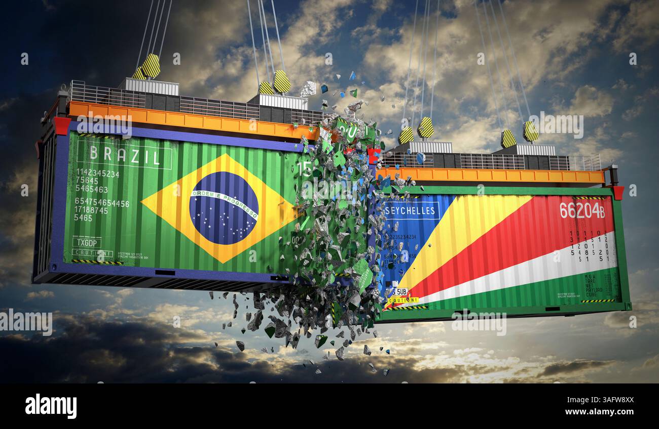 Cargo containers with flags of Brazil and Seychelles - 3D illustration ...