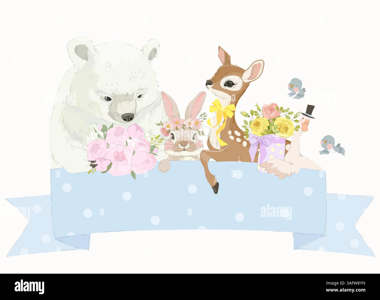 Cute Animals holding Flowers sitting near Bow Stock Vector Image & Art ...