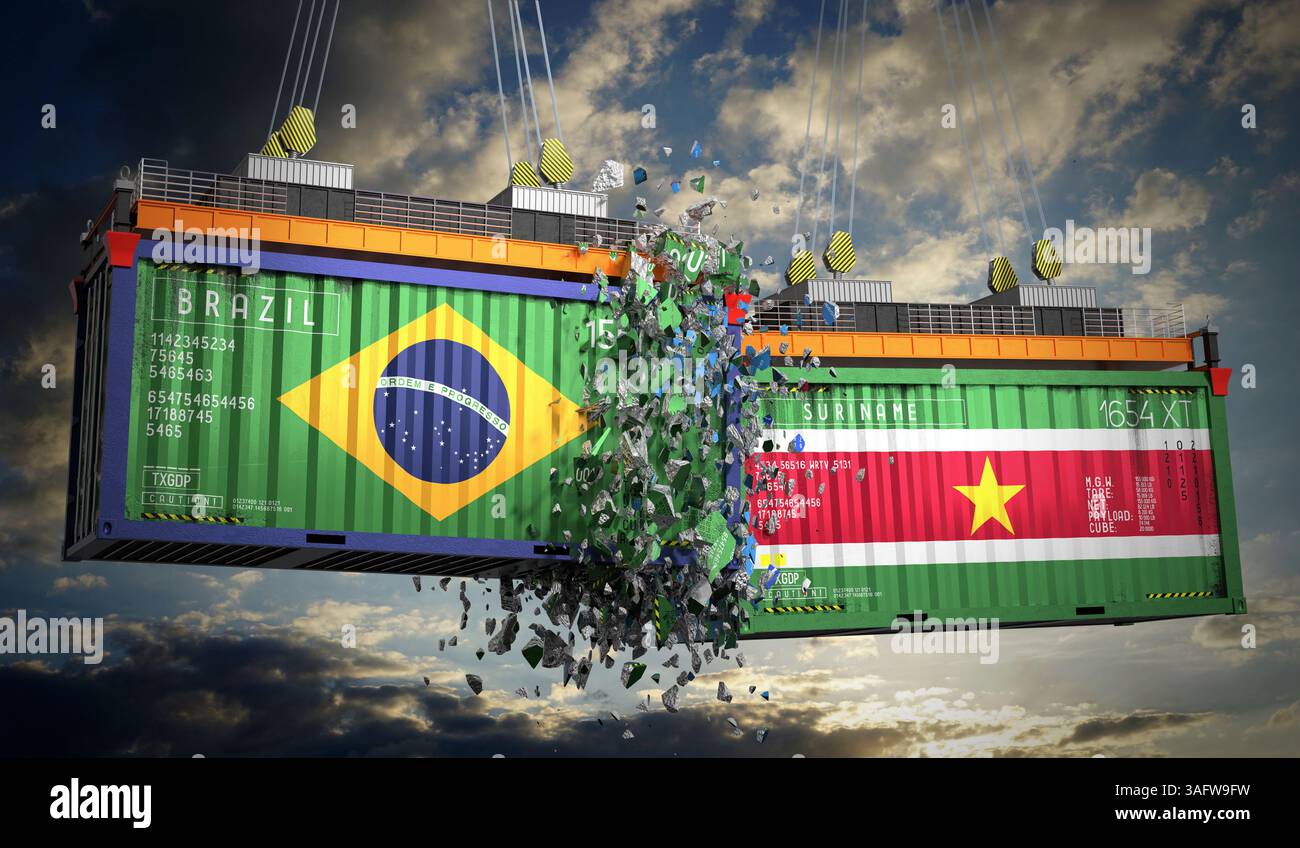 Cargo containers with flags of Brazil and Suriname - 3D illustration ...