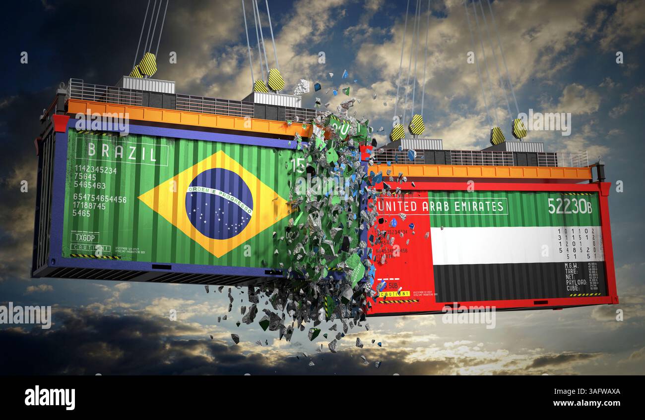 Cargo containers with flags of Brazil and United Arab Emirates - 3D ...