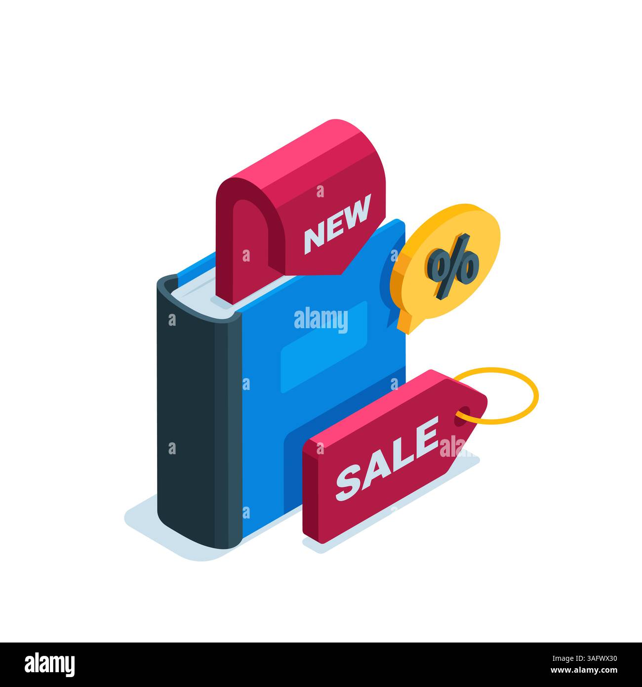 isometric book and price tag with word sale in color on white ...