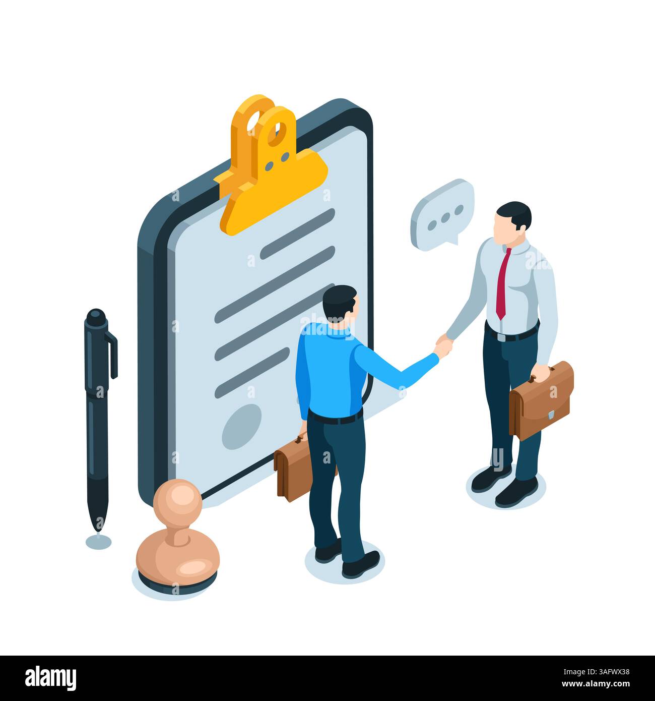 isometric man with a briefcase shaking hands with another man near a ...