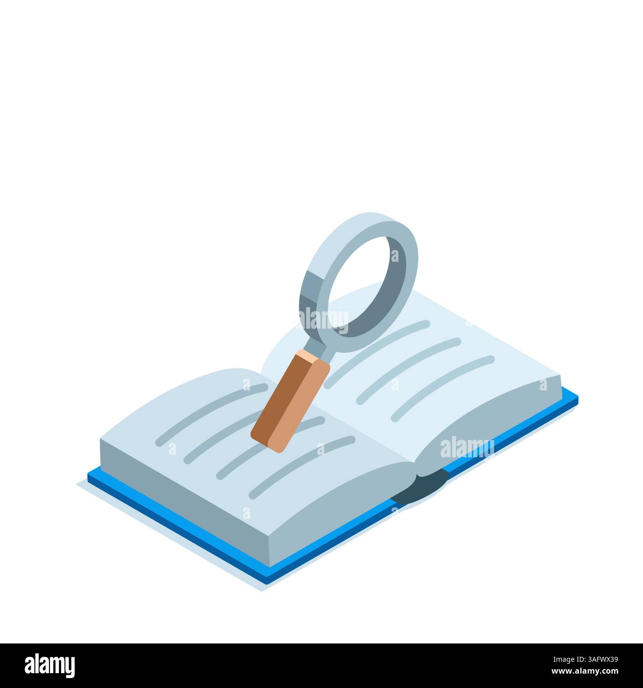 isometric icon of an open book and a magnifier in color on a white ...
