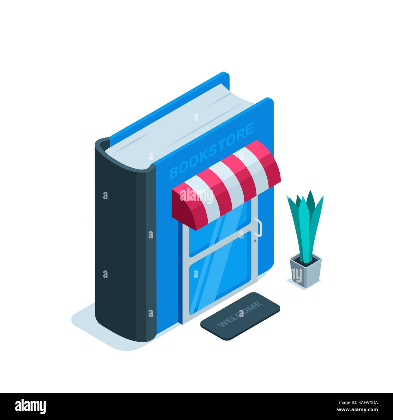 isometric book with shop facade in color on white background, bookstore ...