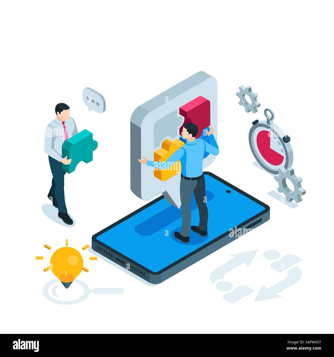 isometric man presenting a puzzle piece to his colleague in color on a ...