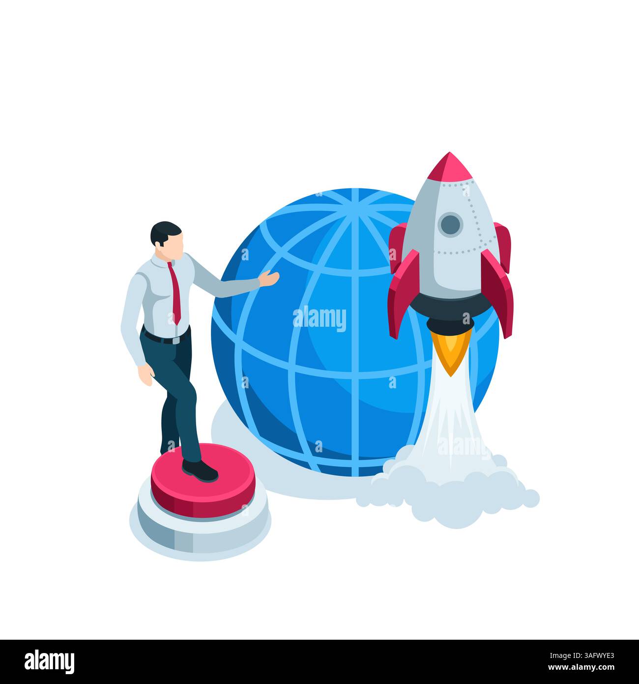 isometric man presses a button and a rocket takes off in color on a white background, startup or ...