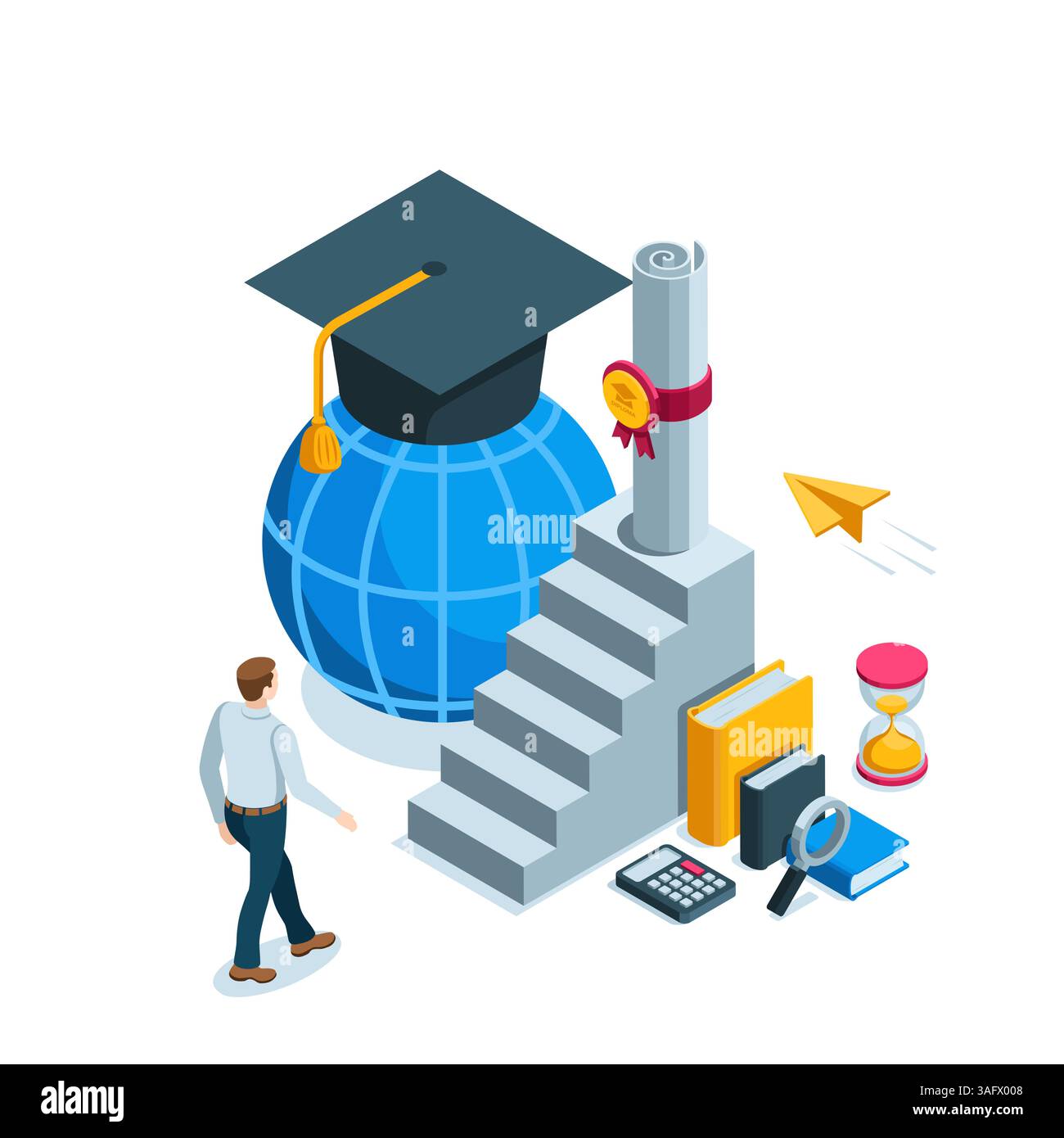 isometric man going to the steps on top of which is a diploma and a ...