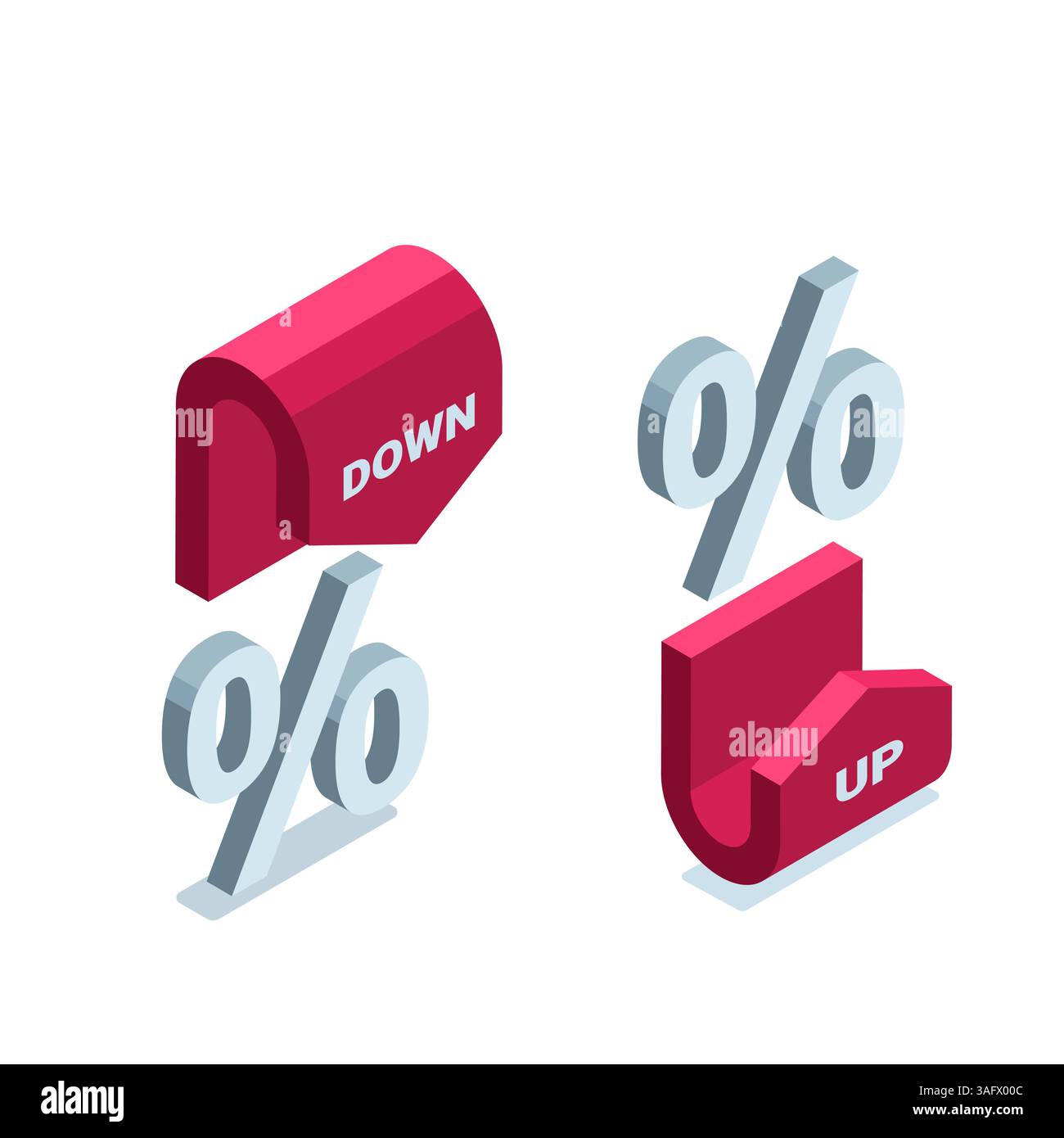 percent isometric icon and up and down arrows in color on a white ...