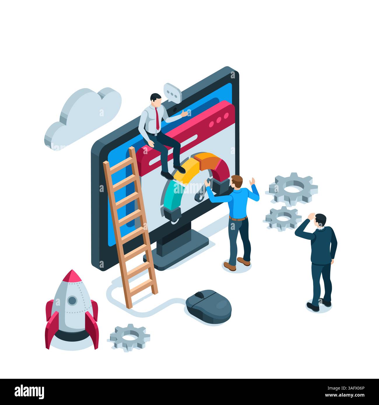isometric man pushing the power scale arrow on the computer screen in ...