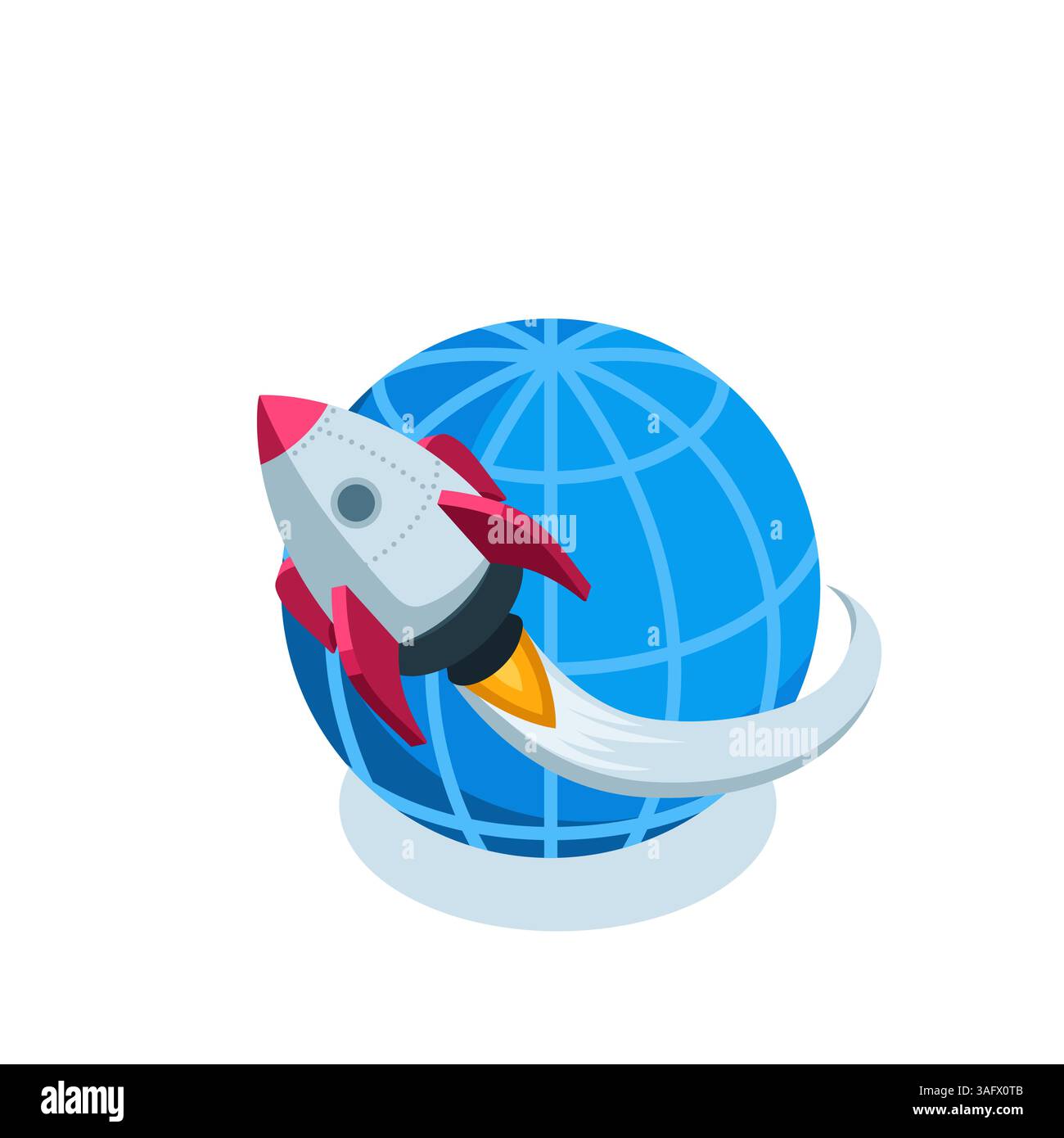 isometric rocket flies around the globe in color on a white background, startup or earth orbit ...