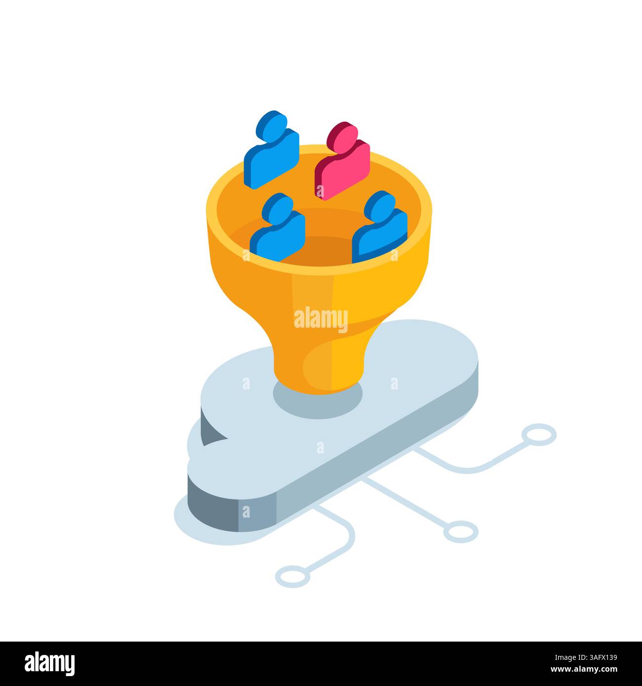 isometric watering can into the funnel of which people icons fall in ...