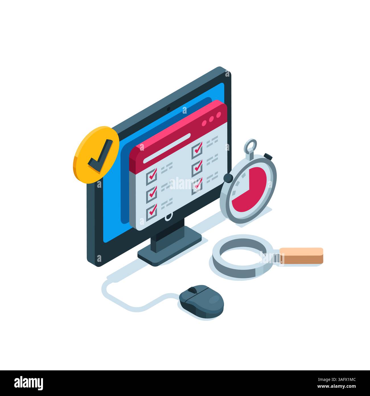 isometric computer with program window and test in color on white ...