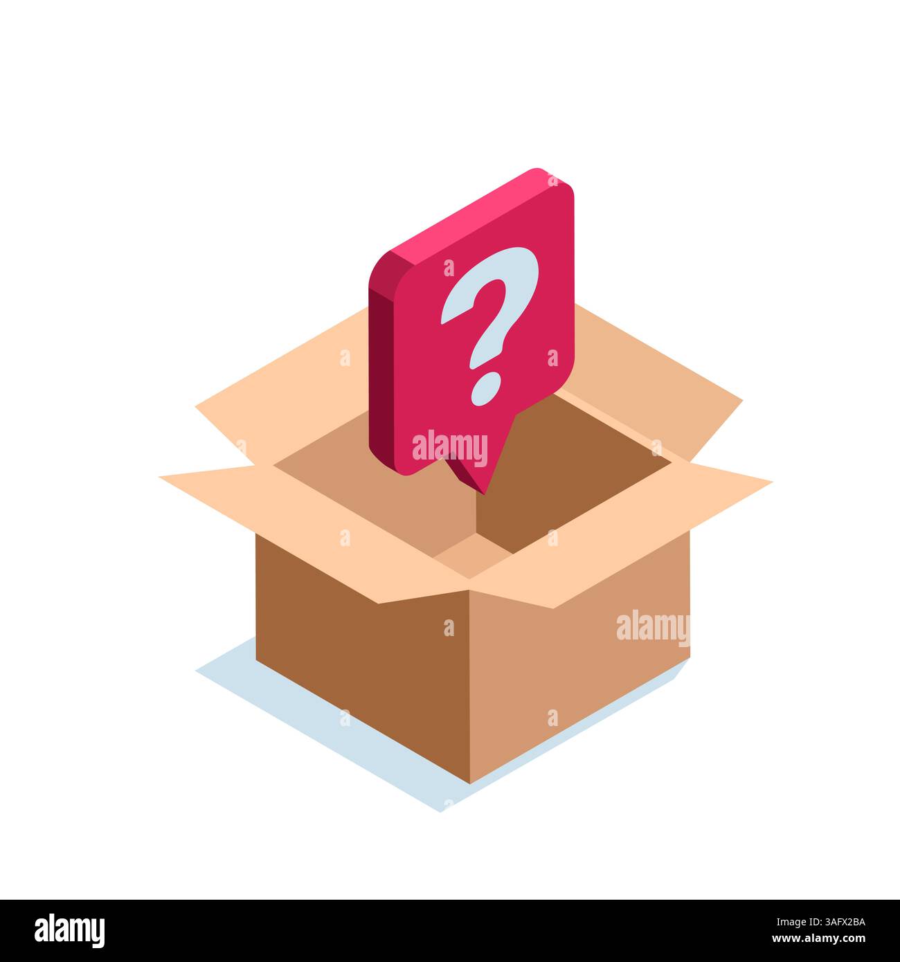 isometric open box with text bubble and question mark in color on white background, mystery box ...