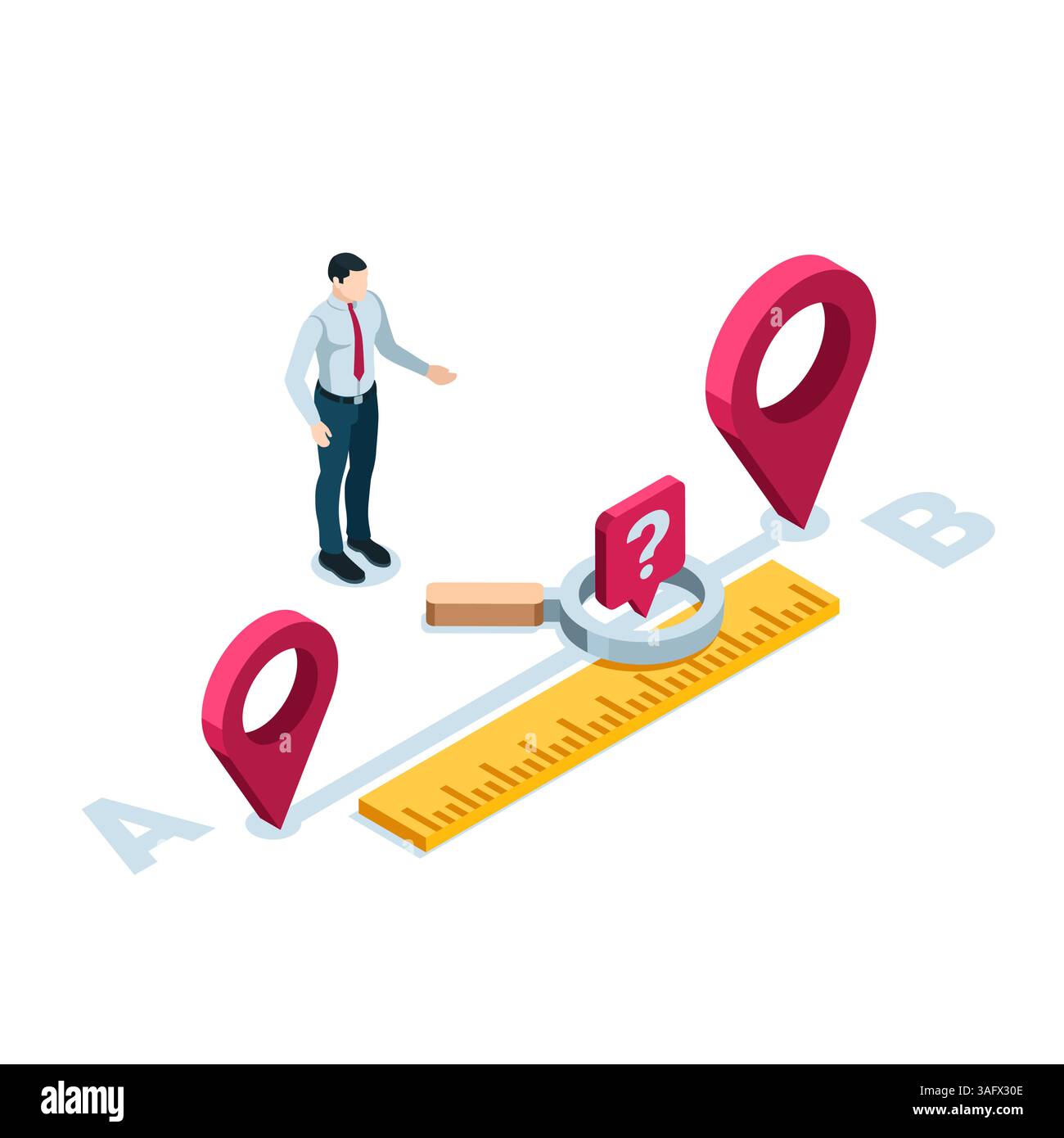 isometric man measuring distance between two location icons in color on ... isometric man measuring distance between two location icons in color on ...