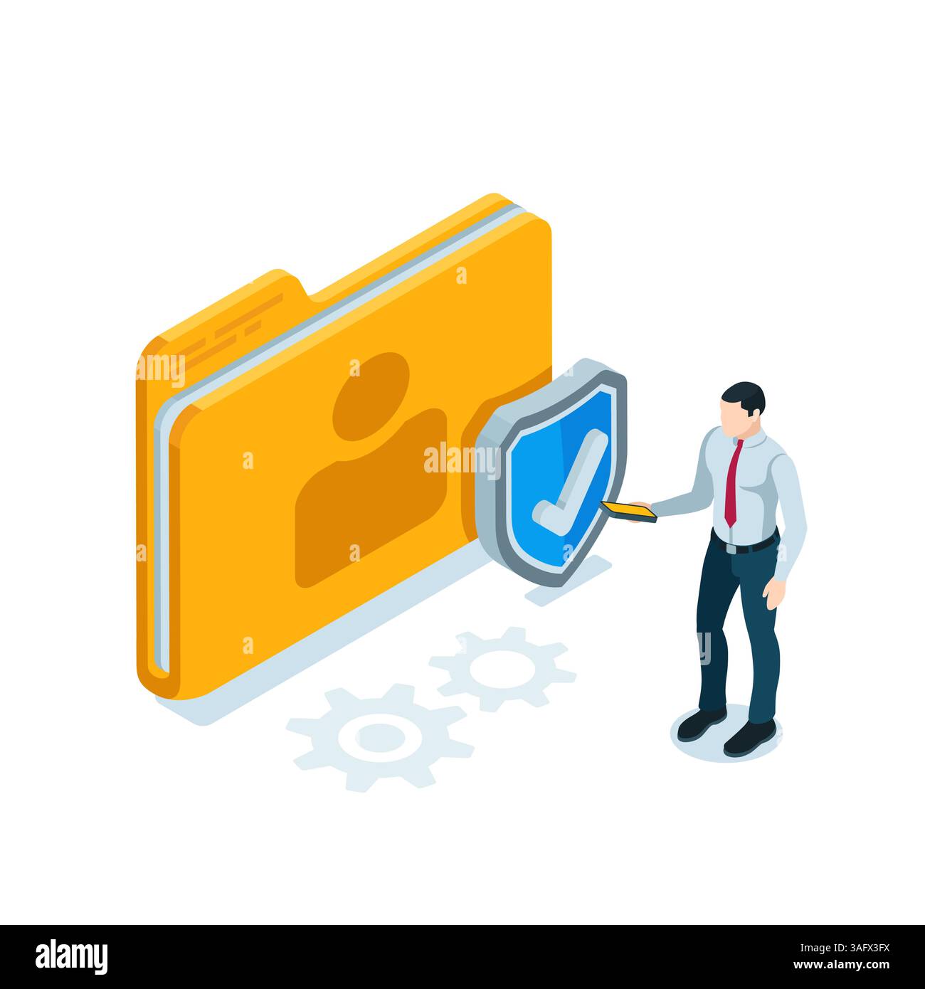 isometric man with a phone near a personal folder and a shield with a ...