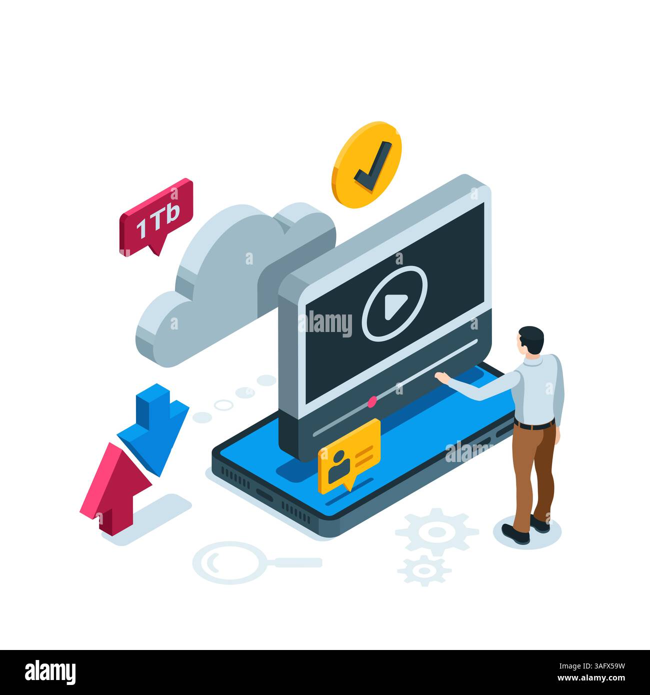 isometric man near smartphone and video player in color on white ...