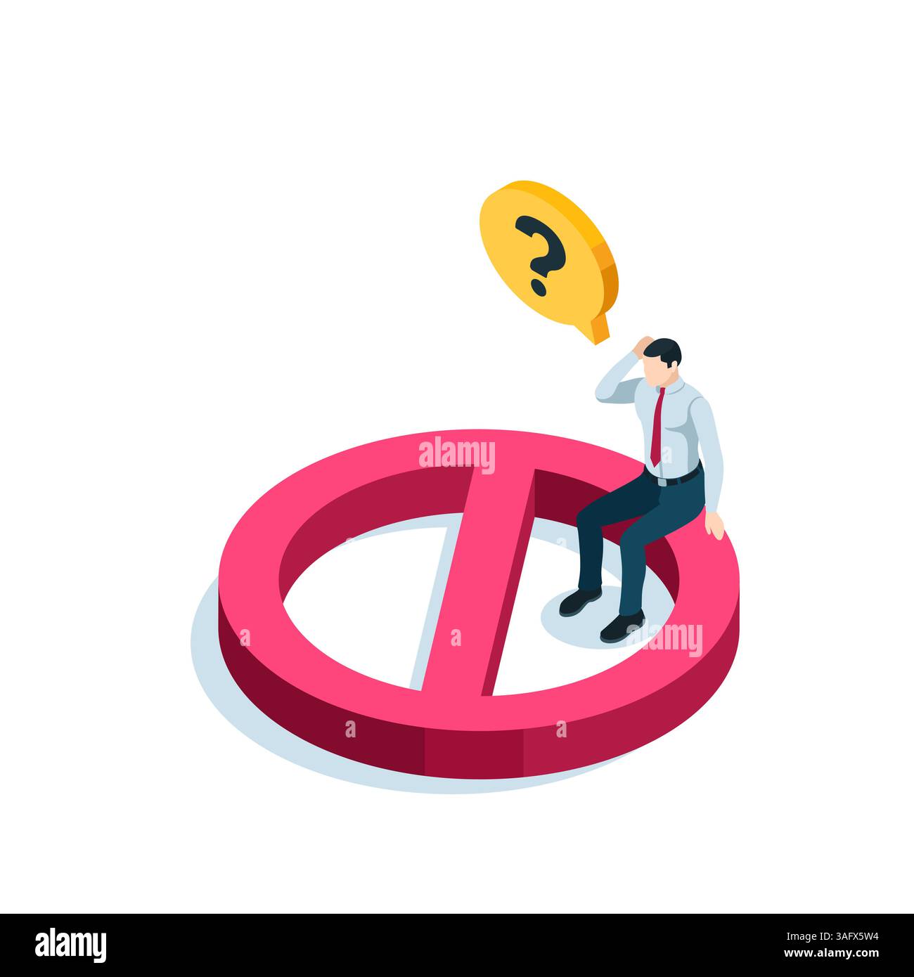 isometric man sits on a prohibition sign in a thoughtful pose and a ...