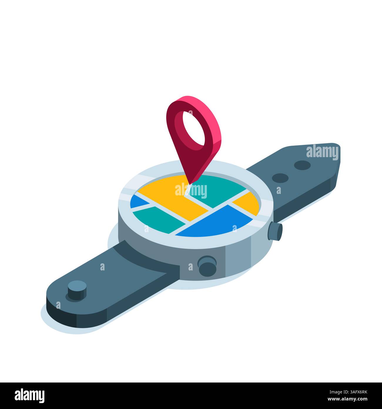 isometric smart watch with map and location icon in color on white background, geolocation or ...