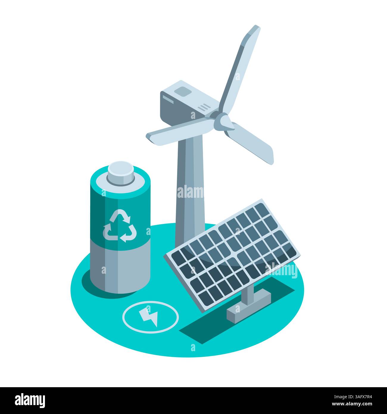 battery and solar panel isometric icon with wind generator in color on ...