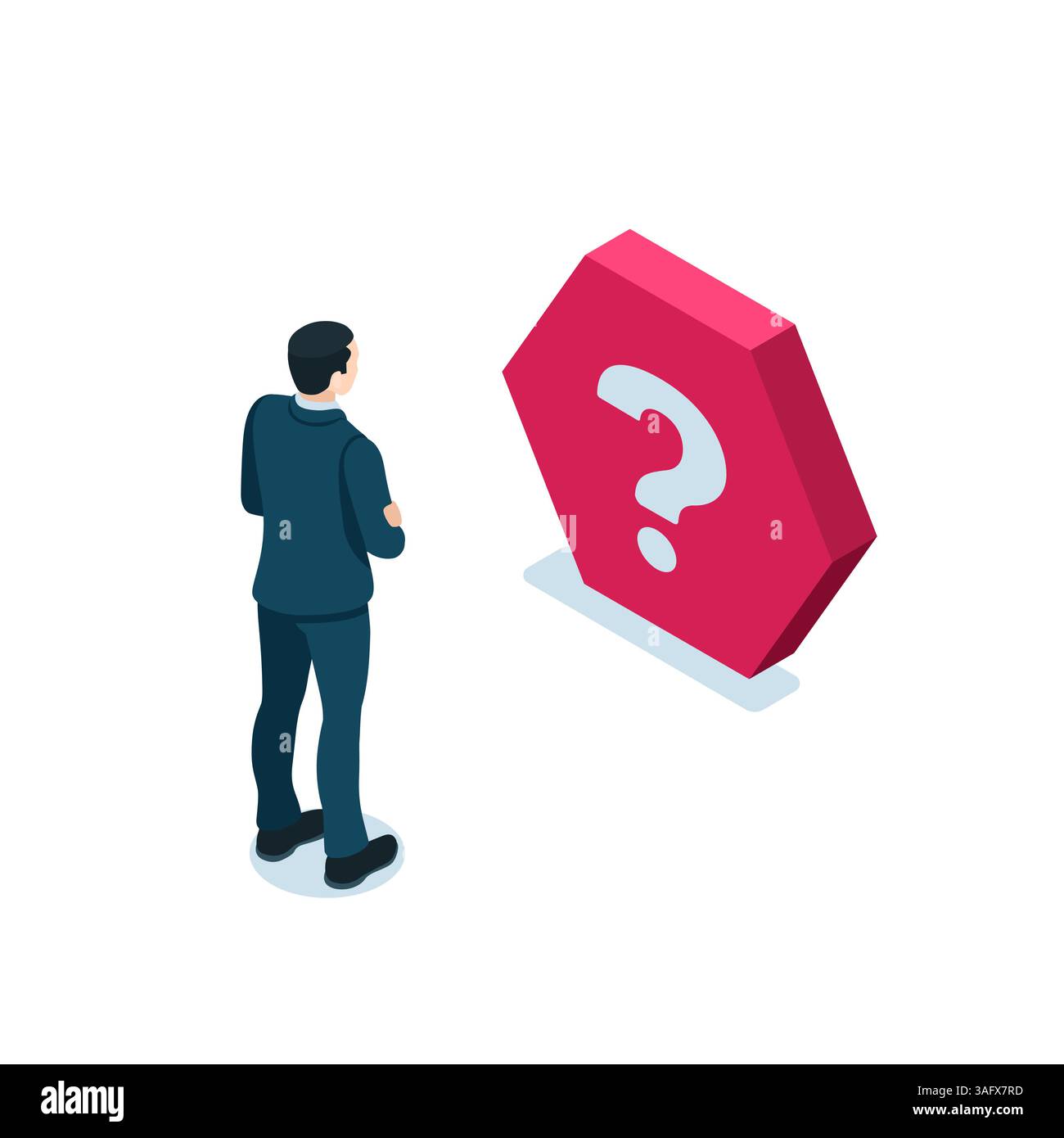 isometric business man stands in front of a question mark in color on a ...