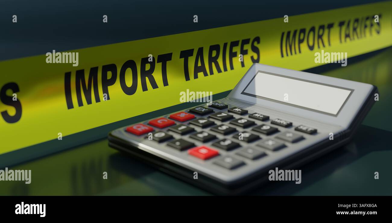 Import Tariffs text yellow tape.Tariff increase, Trade war concept. 3d ...