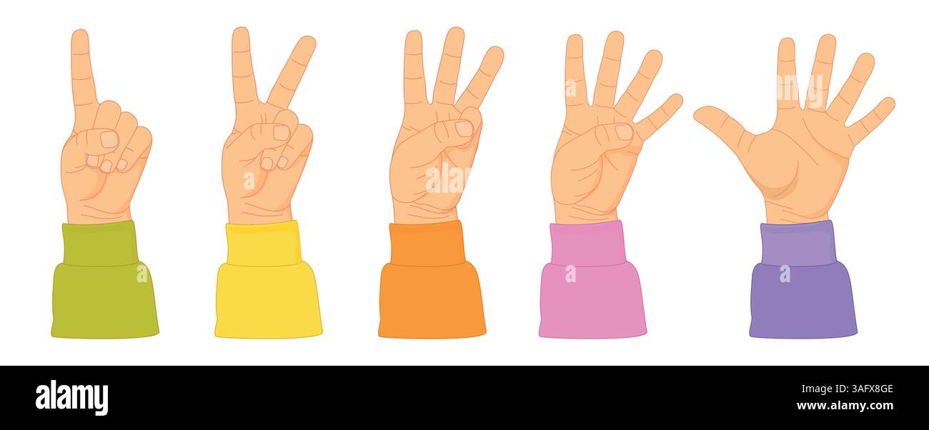 Counting with fingers. Hand gesturing, arm showing one, two, three, four and five numbers ...