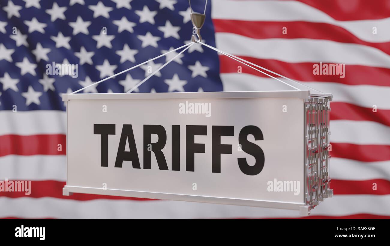 US Tariff increase, Tariffs text on a cargo conatiner, USA flag ...