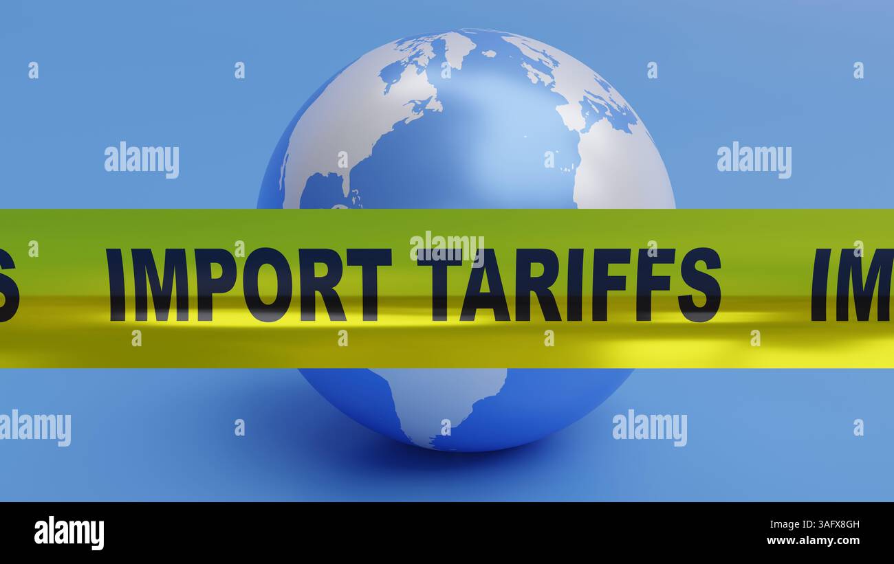Import Tariffs text yellow tape and earth globe.Tariff increase, Trade ...
