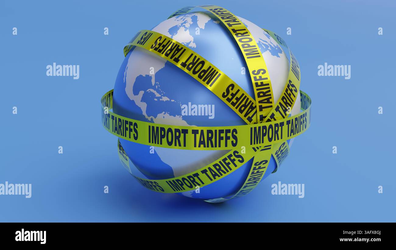 Import Tariffs text yellow tape around earth globe. Tariff increase ...