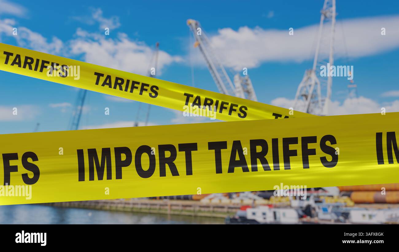Import Tariffs text yellow tape.Tariff increase, Trade war concept. 3d ...