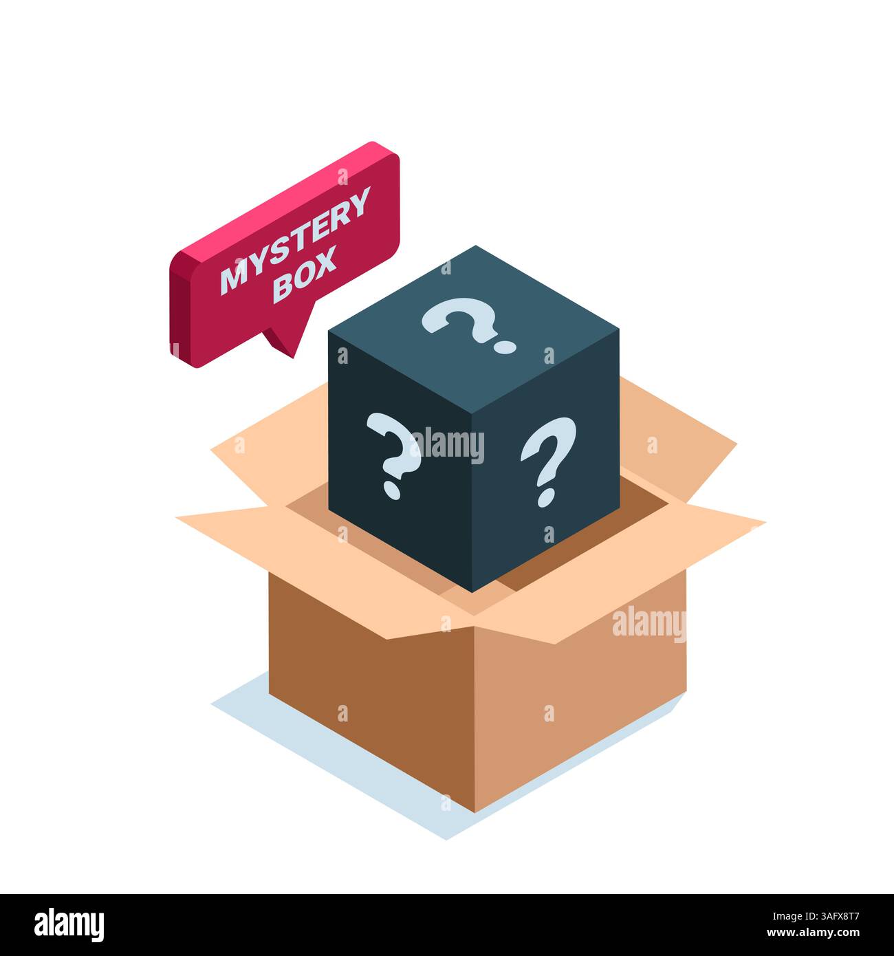 isometric open box and box with question marks in color on white ...
