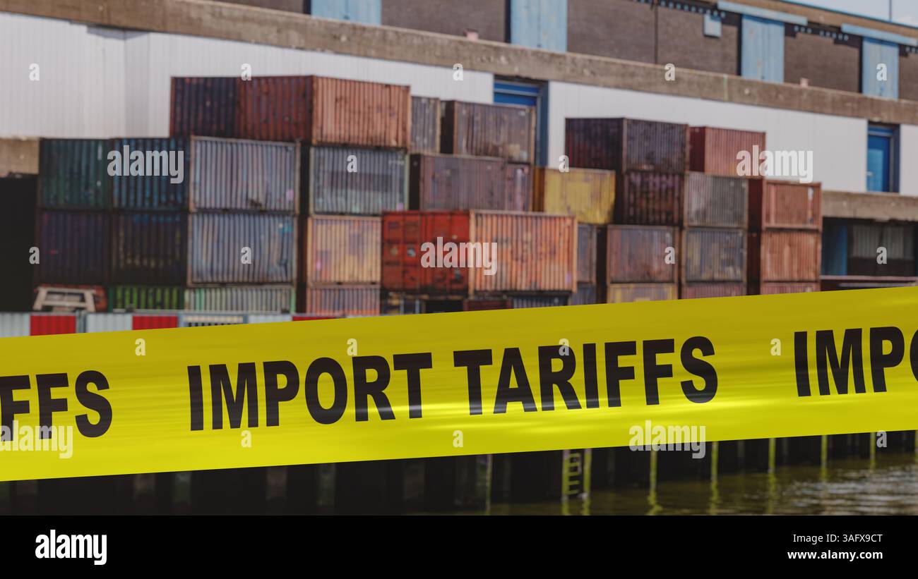 Import Tariffs text yellow tape.Tariff increase, Trade war concept. 3d ...