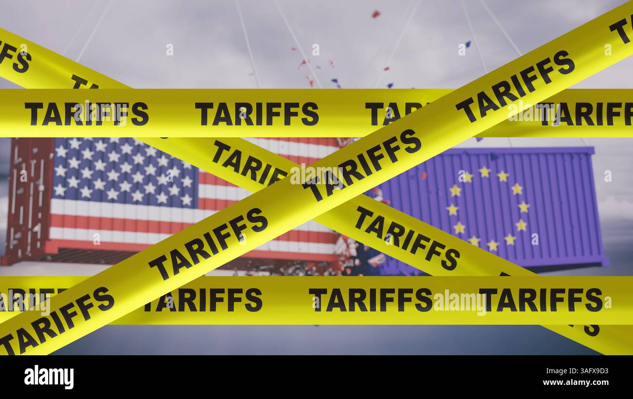 USA and European Union Trade war concept. Import Tariffs increase, 3d ...