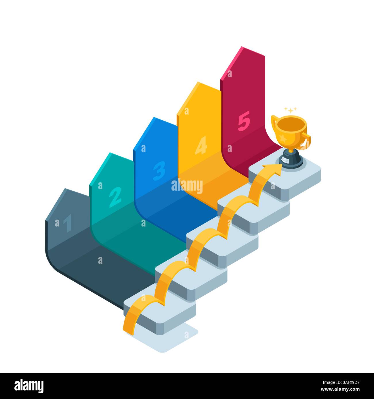 isometric steps with an arrow and a trophy at the top level in color on ...